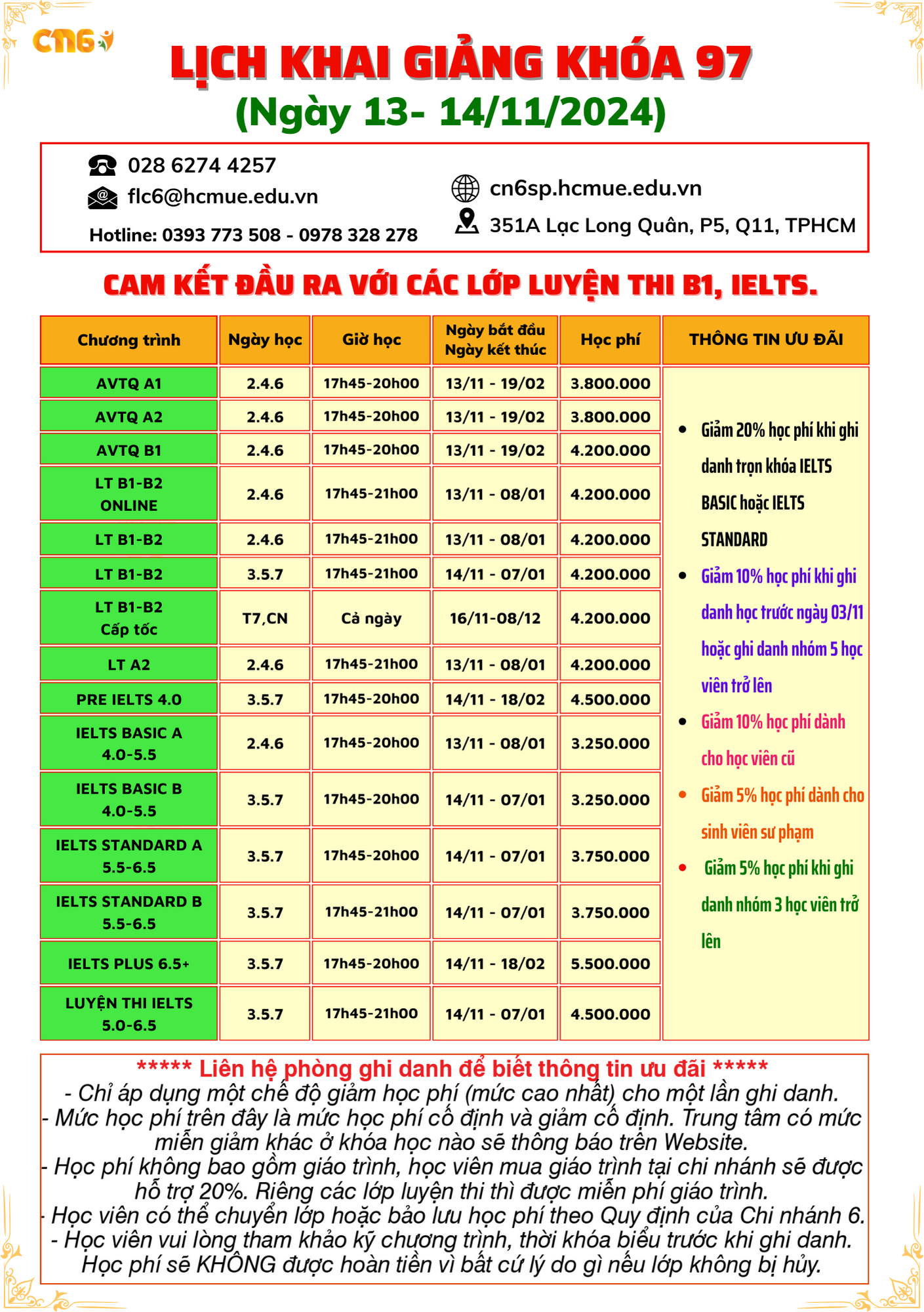 THỜI KHÓA BIỂU - Chi nhánh 6 - Trung tâm Ngoại ngữ trường Đại Học Sư ...
